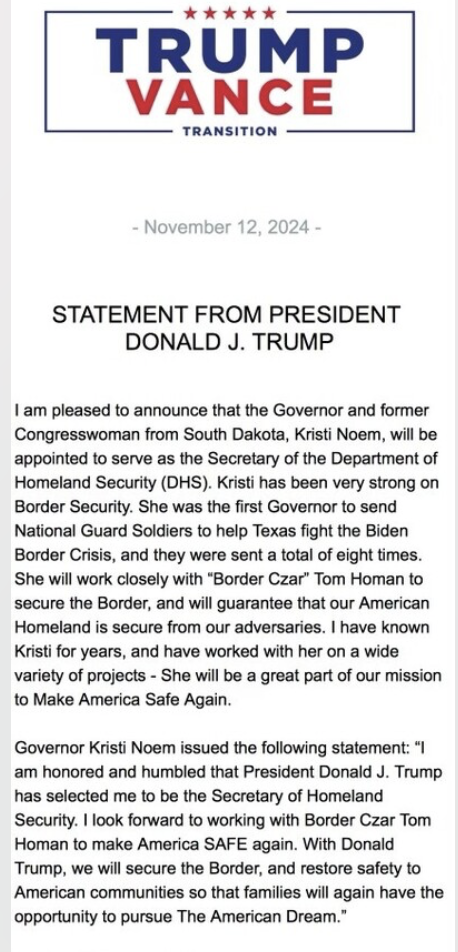 Kristi Noem to Homeland Security – The Radio Patriot